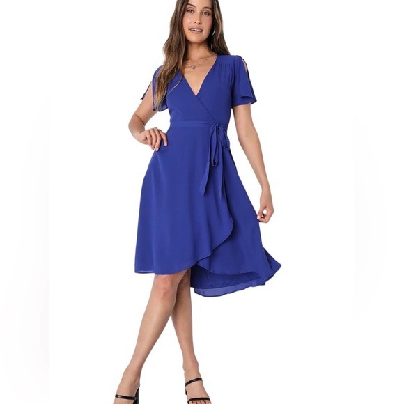 Lulu's | Dresses | Lulus Rise To The Occasion Royal Blue Midi Wrap ...